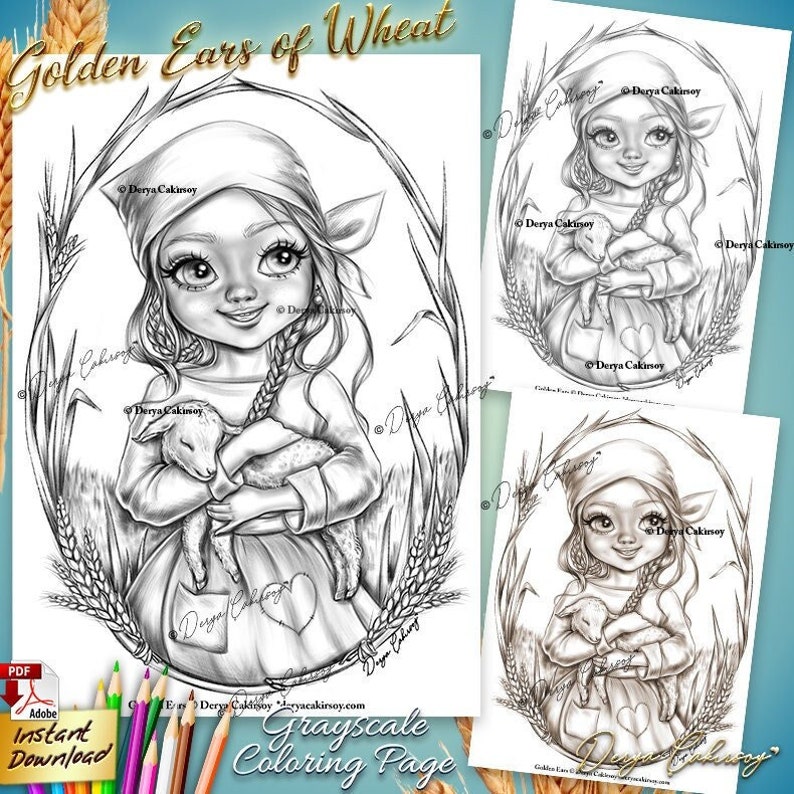 Golden Ears of Wheat Grayscale Coloring Page Happy Cute Farmer Girl and ...