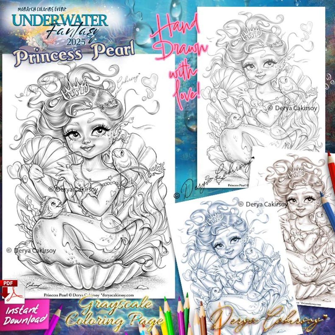 Princess Pearl Underwater Fantasy 2025 Grayscale Coloring Page ORIGINAL ...