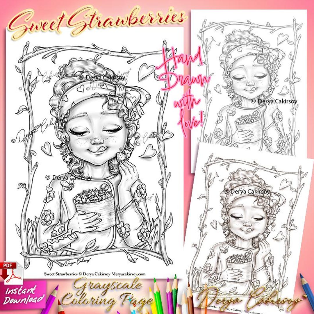 Sweet Strawberries Grayscale Coloring Page ORIGINAL HAND DRAWN Cute ...