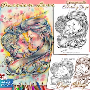 Passion Love Grayscale Coloring Page for Adults Valentine's Day Couple ...