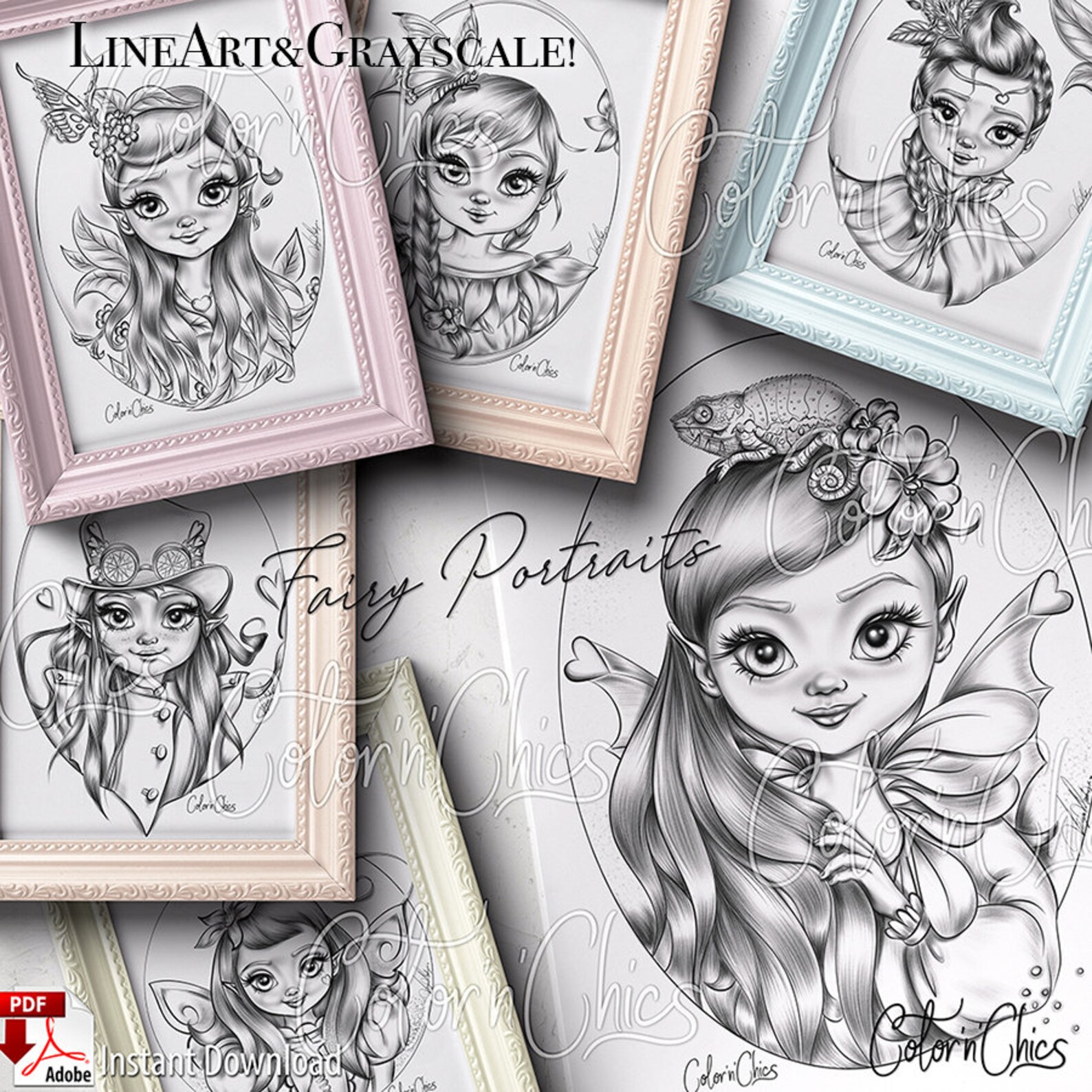 Fairy Portraits Grayscale and Lineart All in 1 Bundle ,dark & Light ...