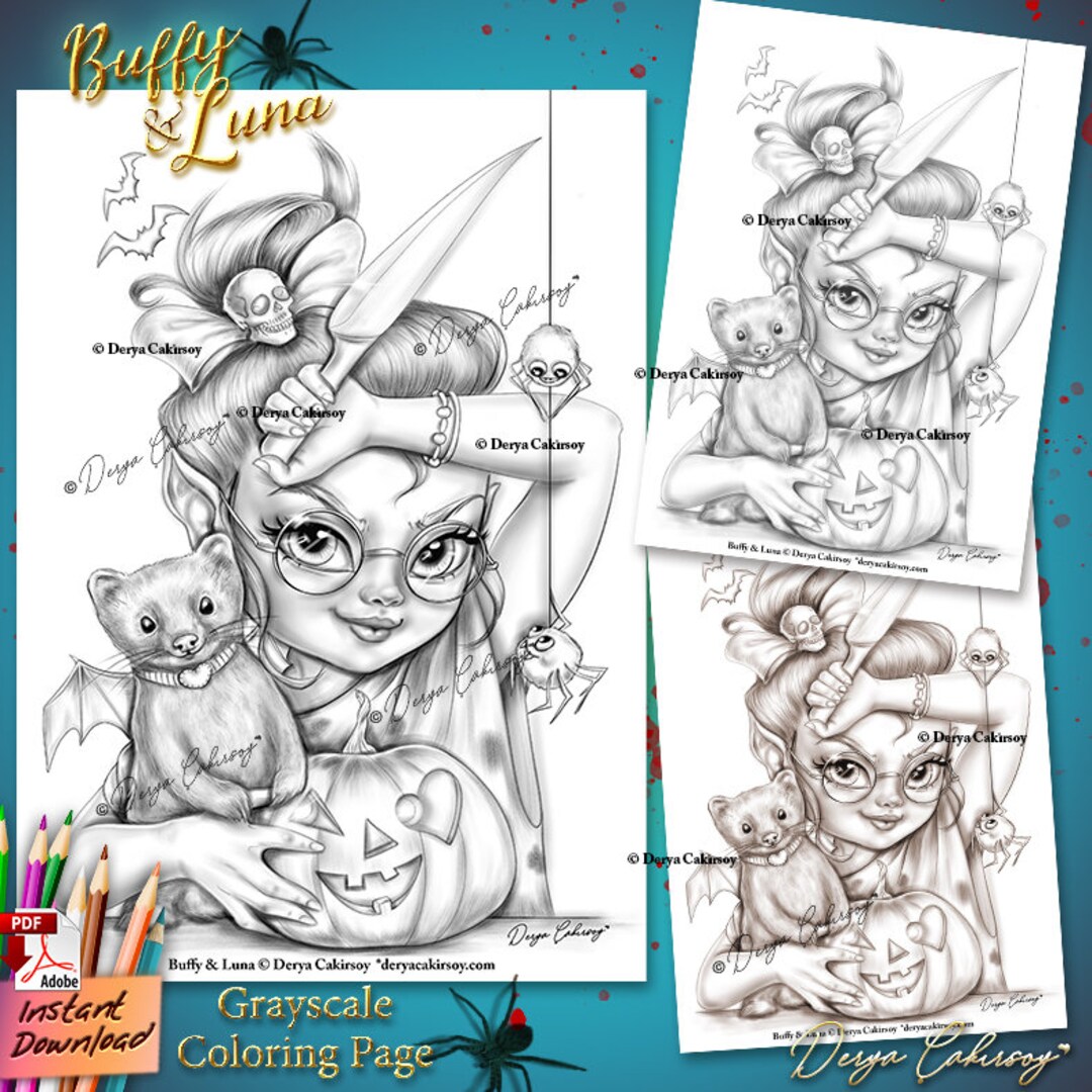 Buffy & Luna Grayscale Coloring Page ORIGINAL HAND DRAWN Halloween Big ...