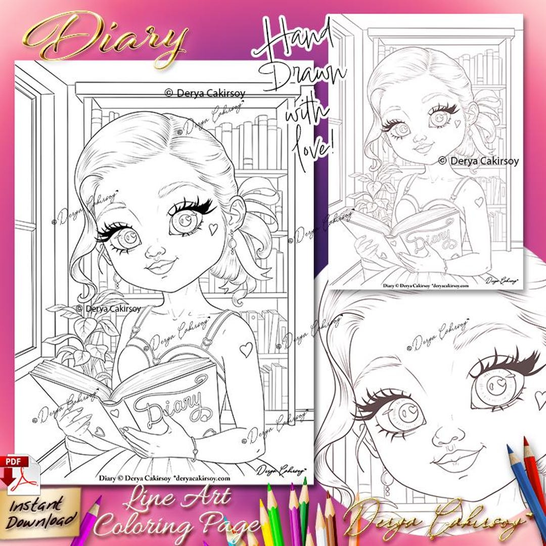 Diary Line Art Coloring Page Llustration Cute Big Eyed Female Portrait ...