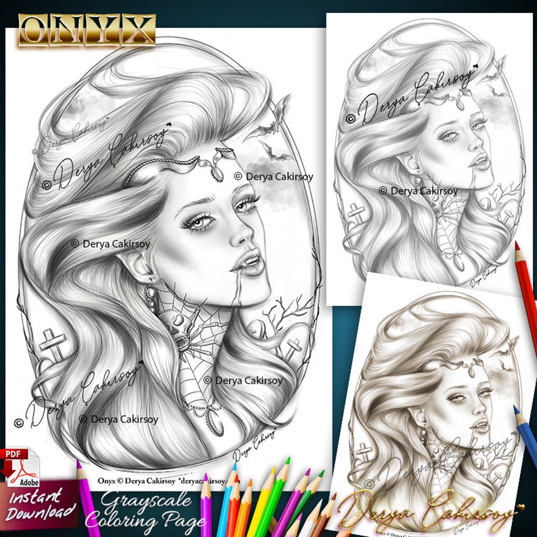 Onyx GRAYSCALE Coloring Page Beautiful Vampire Woman Halloween Gothic ...