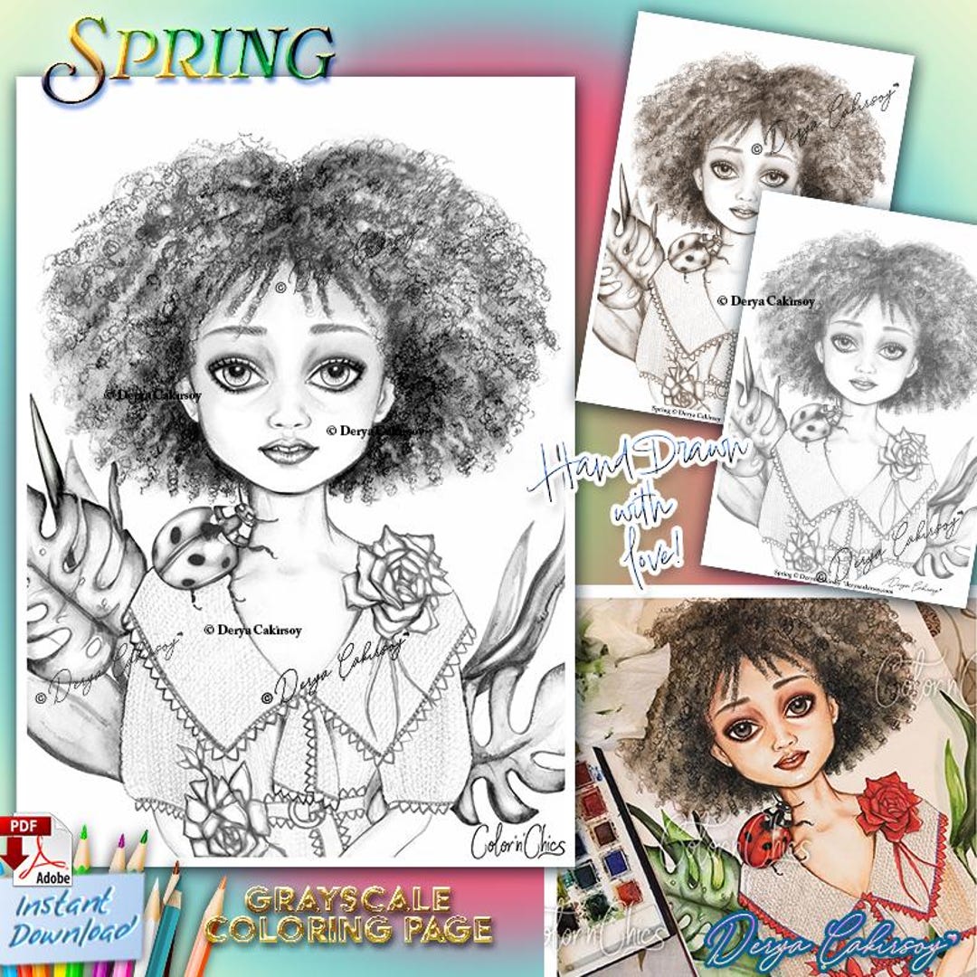 Spring Grayscale Coloring Page ORIGINAL HAND DRAWN Female Illustration ...