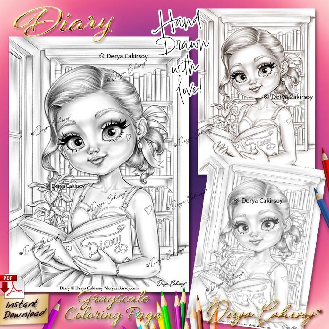 Diary Grayscale Coloring Page Llustration Cute Big Eyed Female Portrait ...