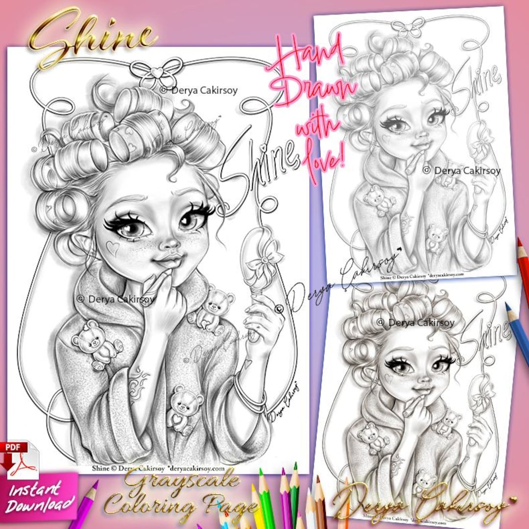 Shine Grayscale Coloring Page Llustration Cute Big Eyed Makeup Girl ...