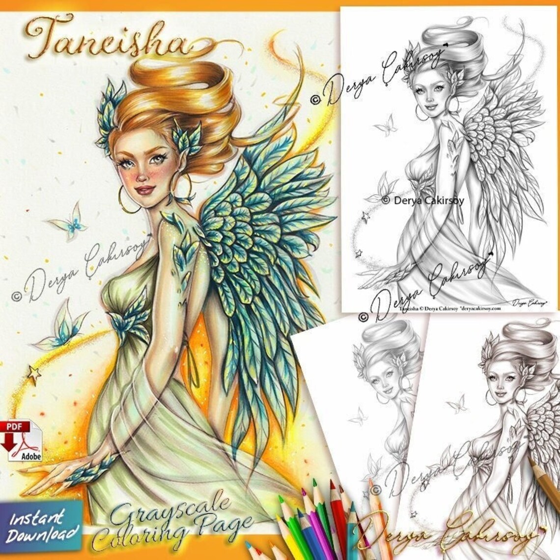 Taneisha '' Coloring Page Grayscale Llustration Beutiful Winged Female ...