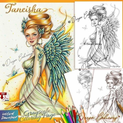 Faye Coloring Page Grayscale Illustration Female Fairy Elf - Etsy