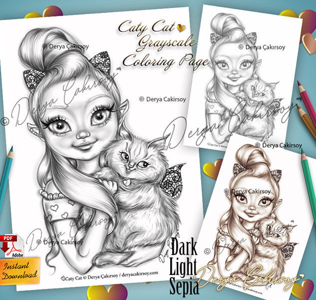 Caty Cat Premium Coloring Page. Grayscale Super Cute Big Eyed ...