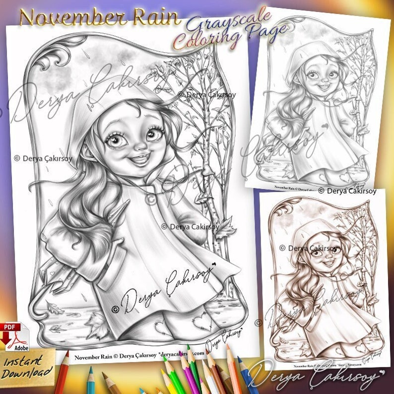 November Rain '' Grayscale Premium Coloring Page. Cute | Etsy