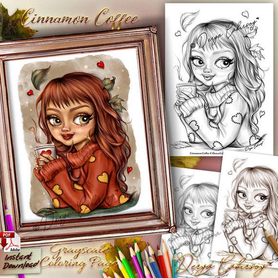 Cinnamon Coffee Grayscale Coloring Page Cute Big Eyed Autumn - Etsy