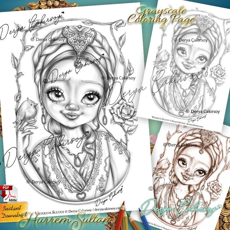 Hurrem Sultan Premium Coloring Page. Grayscale Super Cute Big Eyed ...