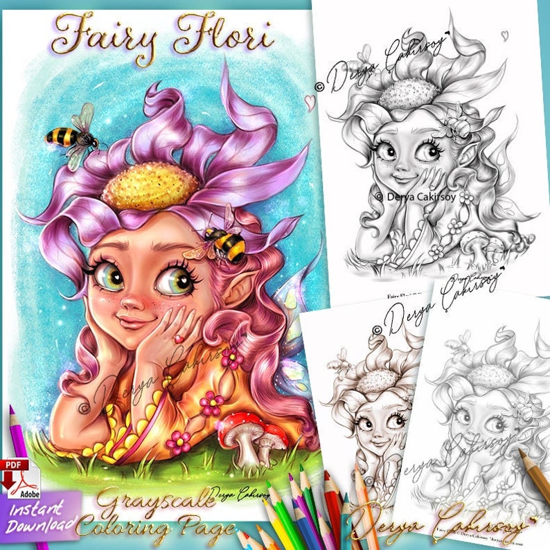 Fairy Flori '' Coloring Page Grayscale Llustration Adorable Big Eyed ...