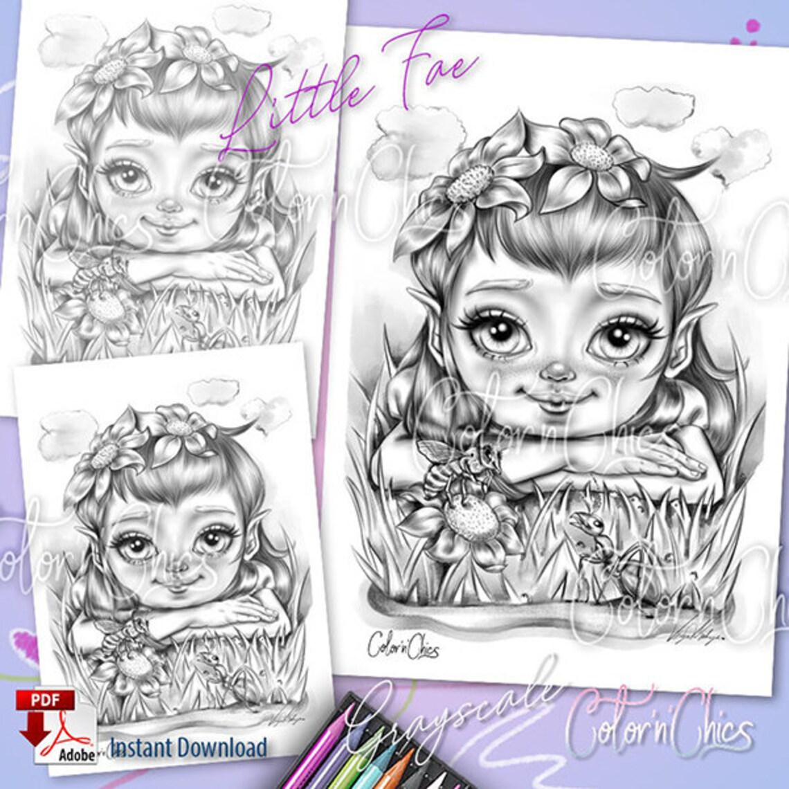 Little Fae Grayscale Illustration Premium Coloring Page for Adults ...