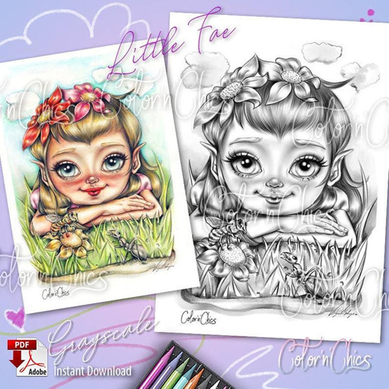 Little Fae Grayscale Illustration Premium Coloring Page for Adults ...