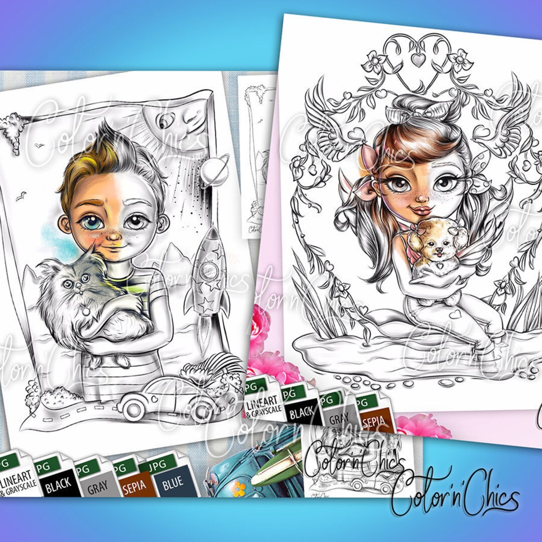 Spike the Cat & Angel the Dog2 Coloring Pages Set Illustration ...