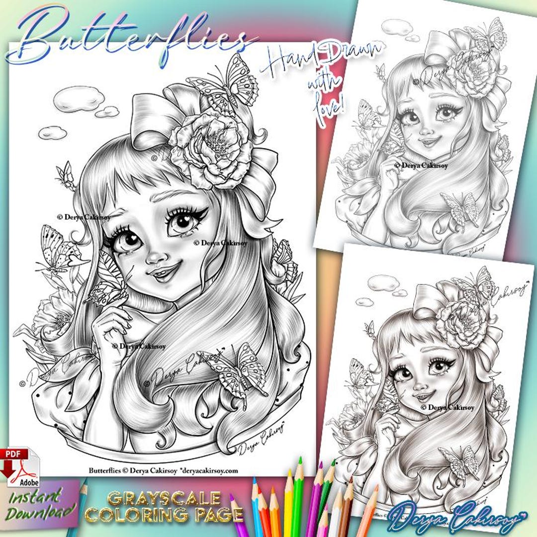 Butterflies Grayscale Coloring Page ORIGINAL HAND DRAWN Cute Girl ...