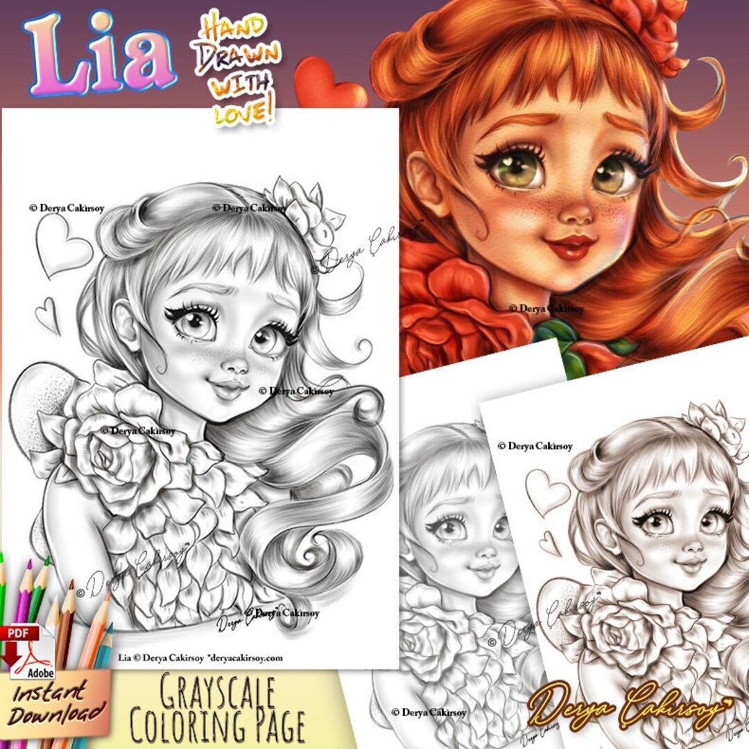 Lia Grayscale Coloring Page ORIGINAL HAND DRAWN Cute Big Eyed Girl With ...