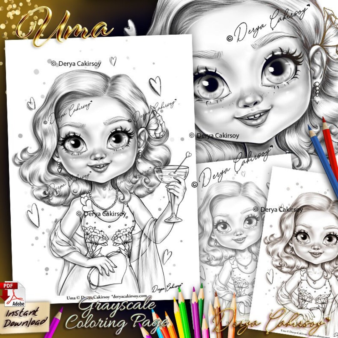 Uma Grayscale Coloring Page ORIGINAL HAND DRAWN Art Cute Beautiful Big ...
