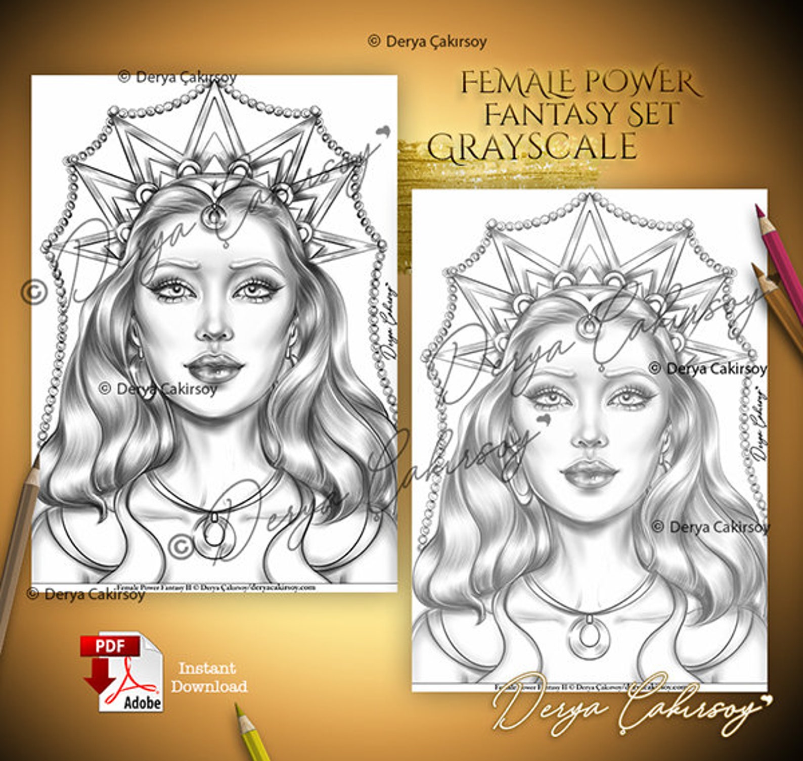 Female Power Fantasy Set Coloring Pages Grayscale Fantasy | Etsy