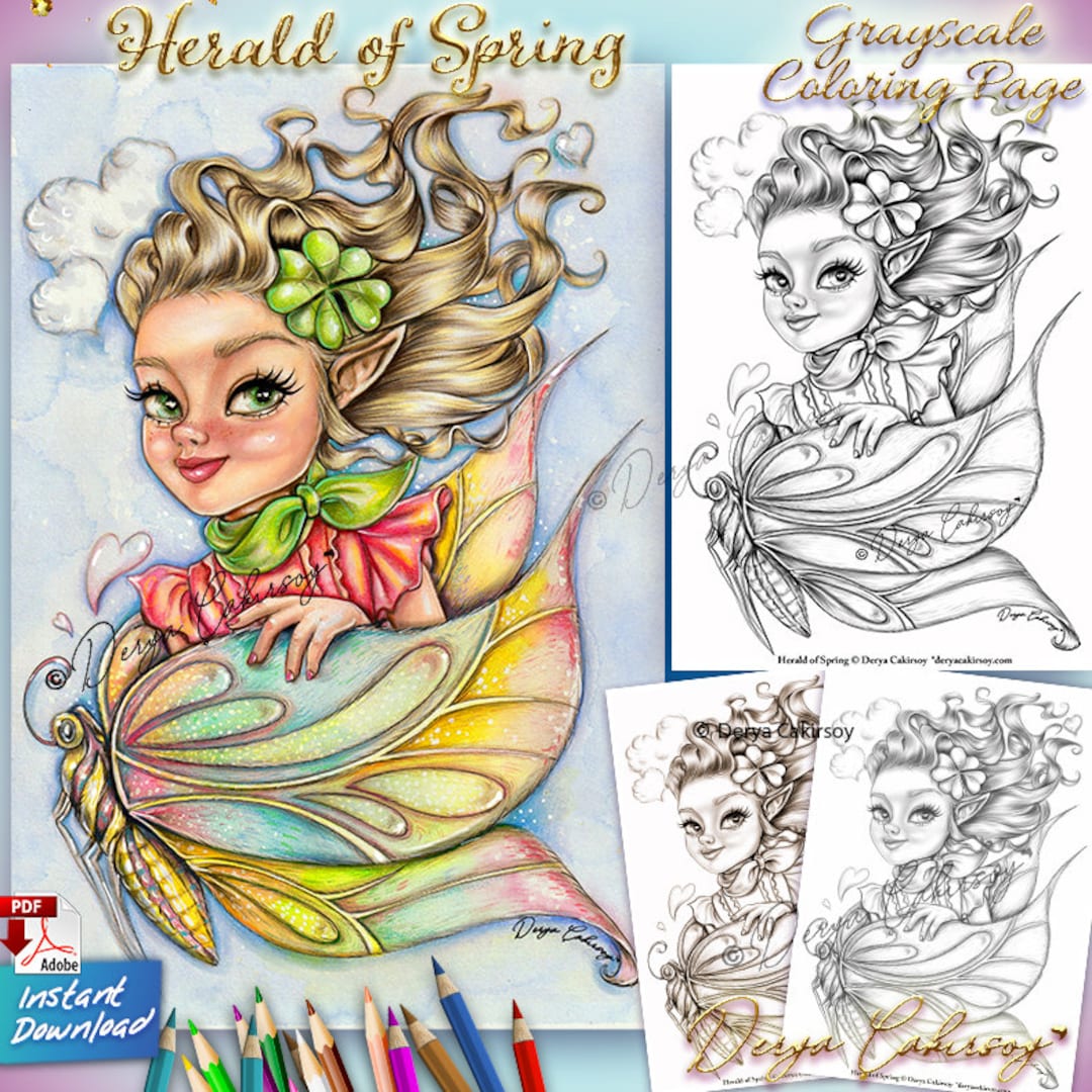 Herald of Spring Grayscale Coloring Page Cute Elf With Butterfly ...