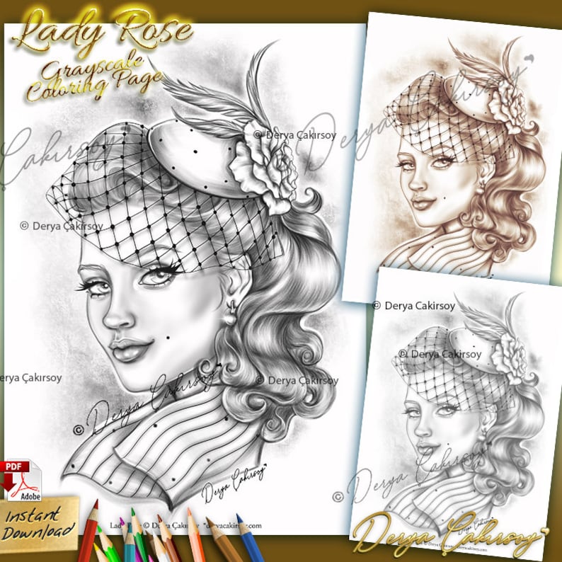 Lady Rose '' Grayscale Coloring Page for Adults 1950's Fashion Woman ...