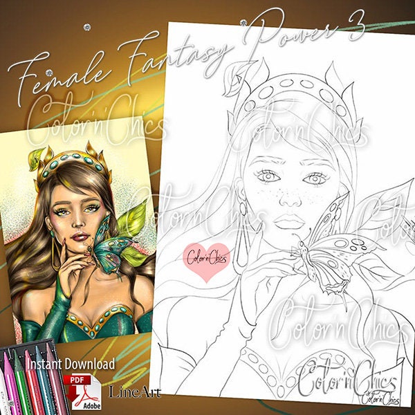 Female Power Fantasy 3 Line Art Illustration Premium Coloring | Etsy