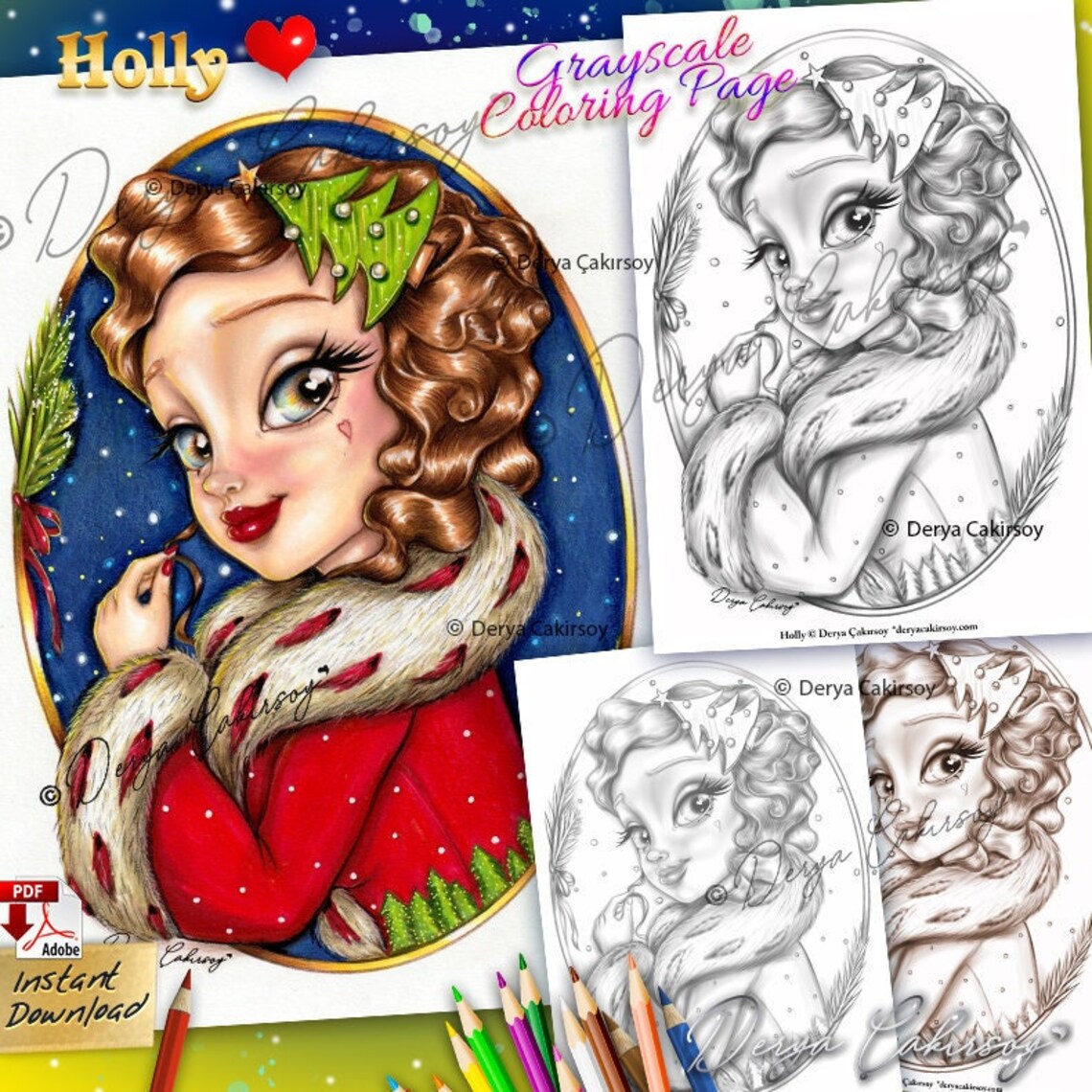 Holly '' Grayscale Coloring Page. Cute Big Eyed Christmas / New Year ...