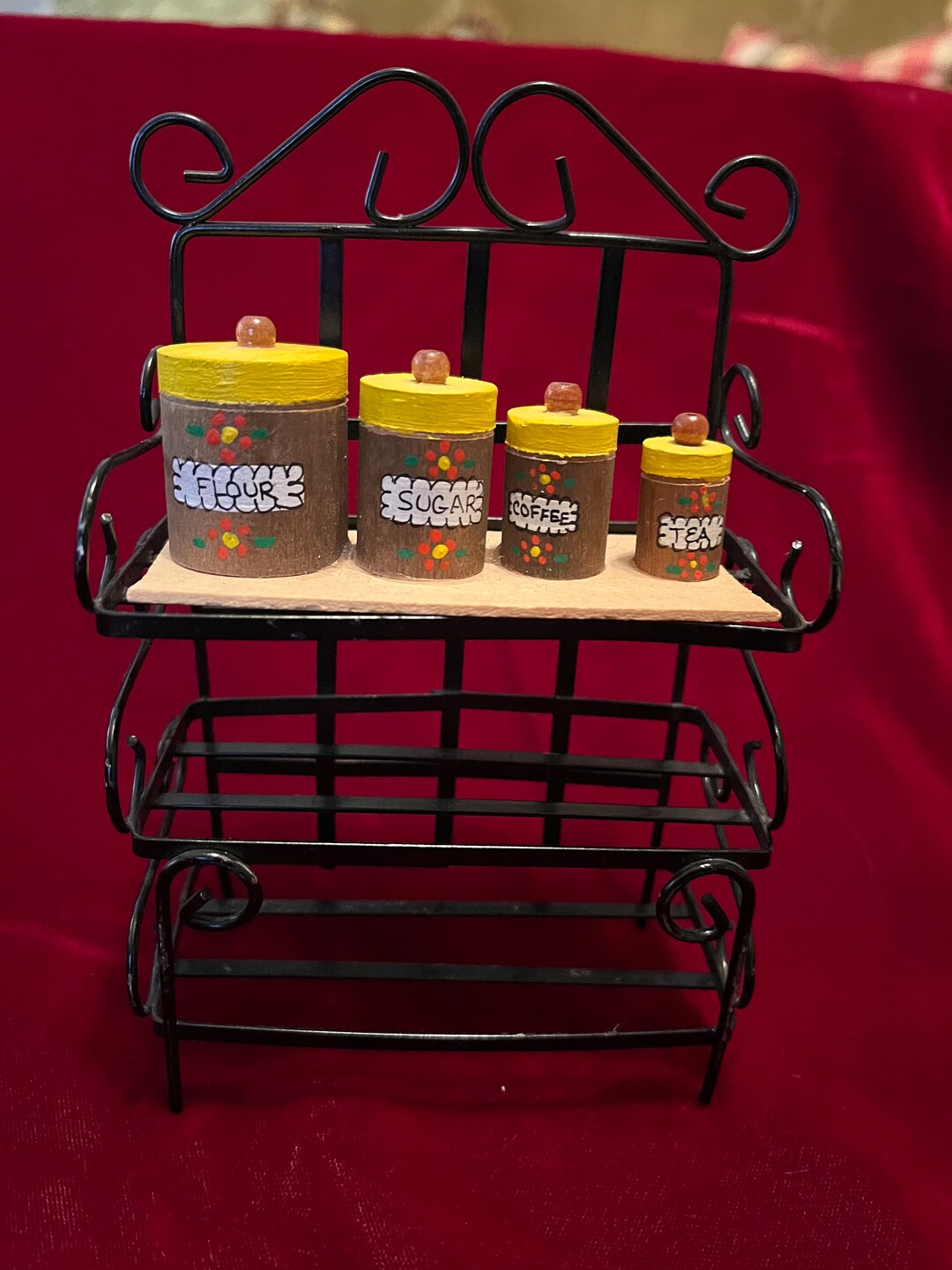 Vintage Wire Bakers Rack W/ 3 Shelves Wooden Cannister Set - Etsy