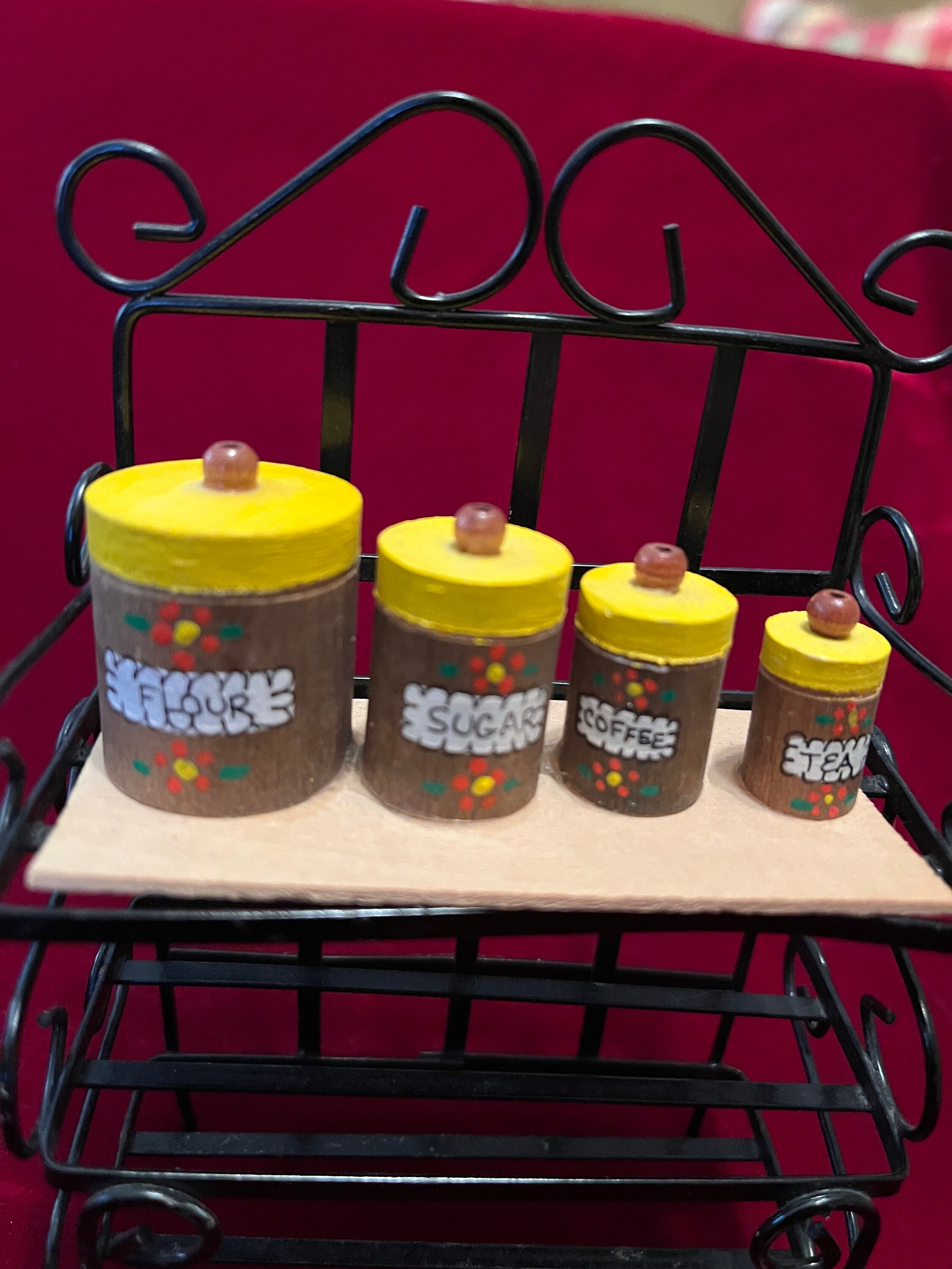 Vintage Wire Bakers Rack W/ 3 Shelves Wooden Cannister Set - Etsy