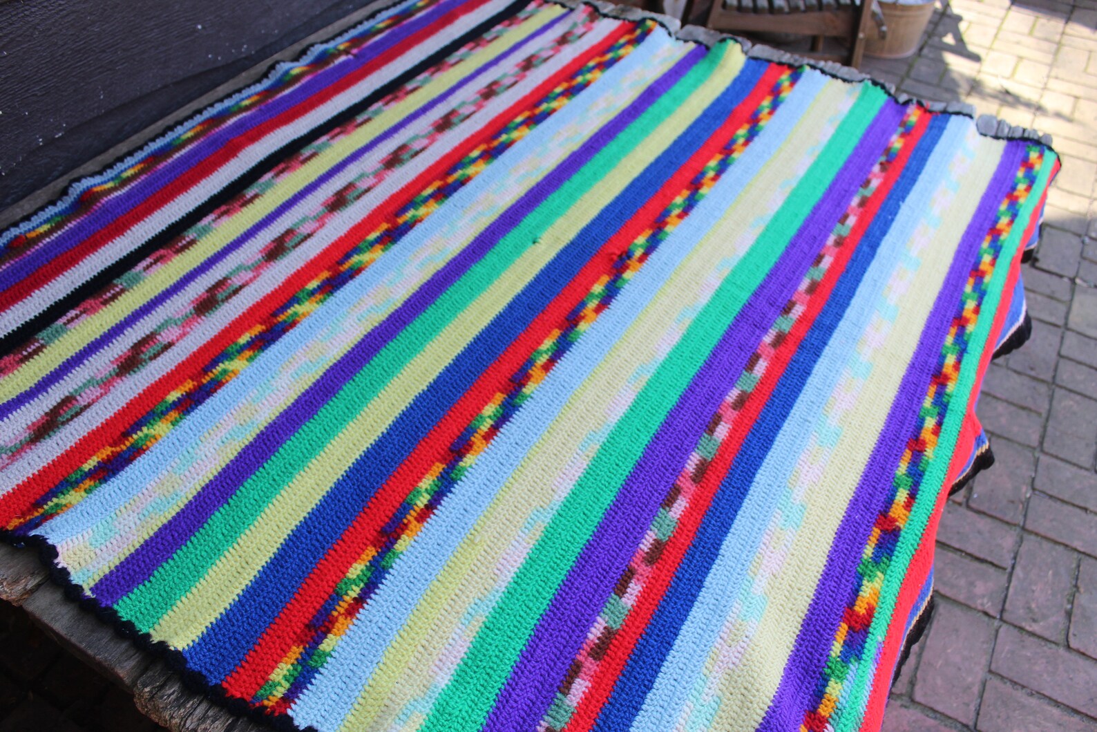 Vintage Handmade Crochet Colorful Rainbow Striped Afghan/throw Black ...