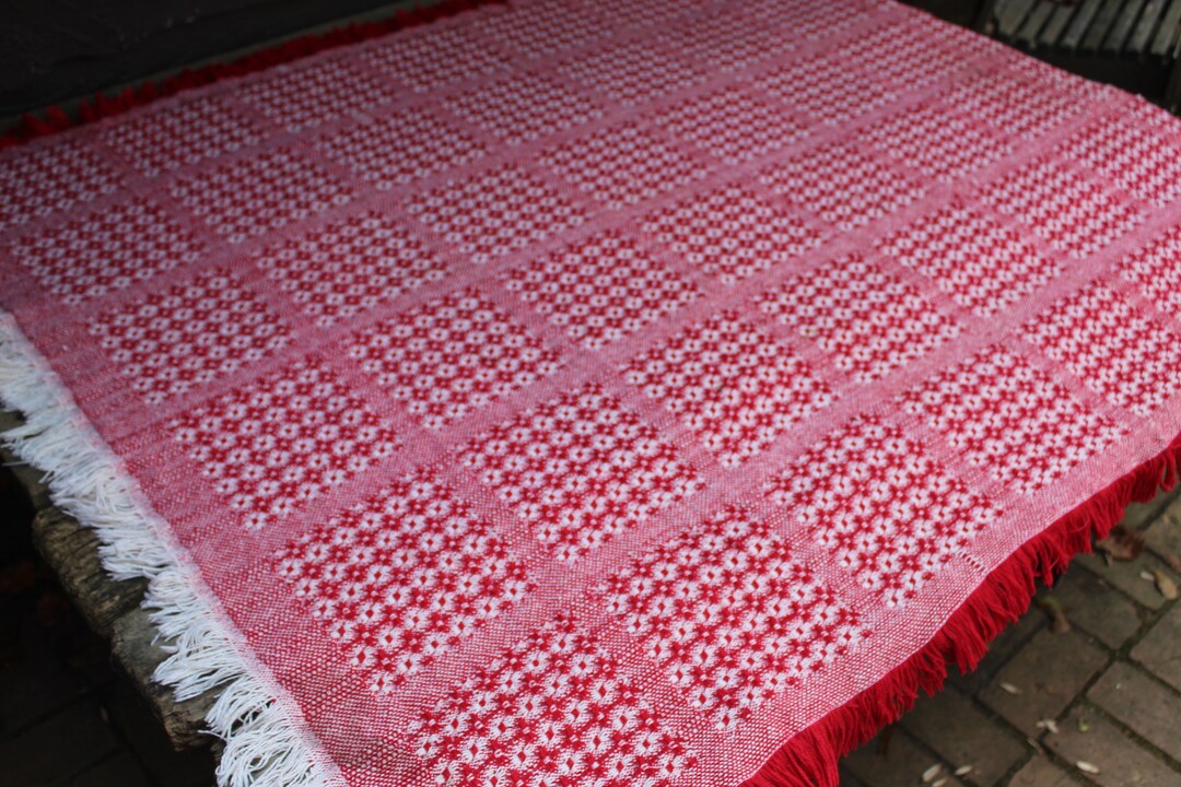 Vintage Woven Cotton Red & White Throw With Fringe - Etsy