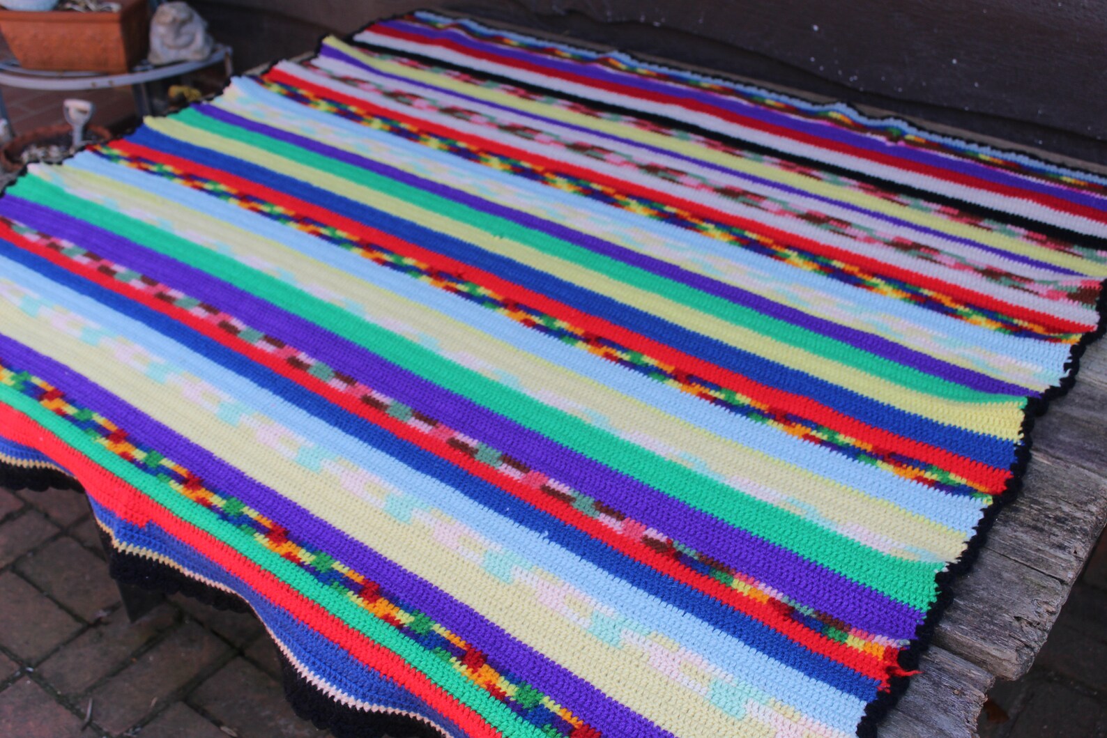 Vintage Handmade Crochet Colorful Rainbow Striped Afghan/throw Black ...