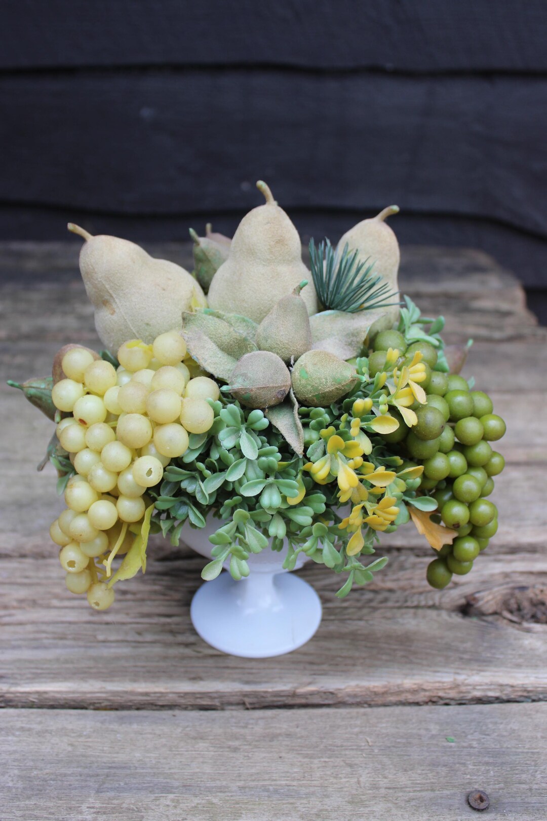 Vintage Fuzzy Fruit Pears Grapes Decorative Centerpiece Milk Glass Vase ...