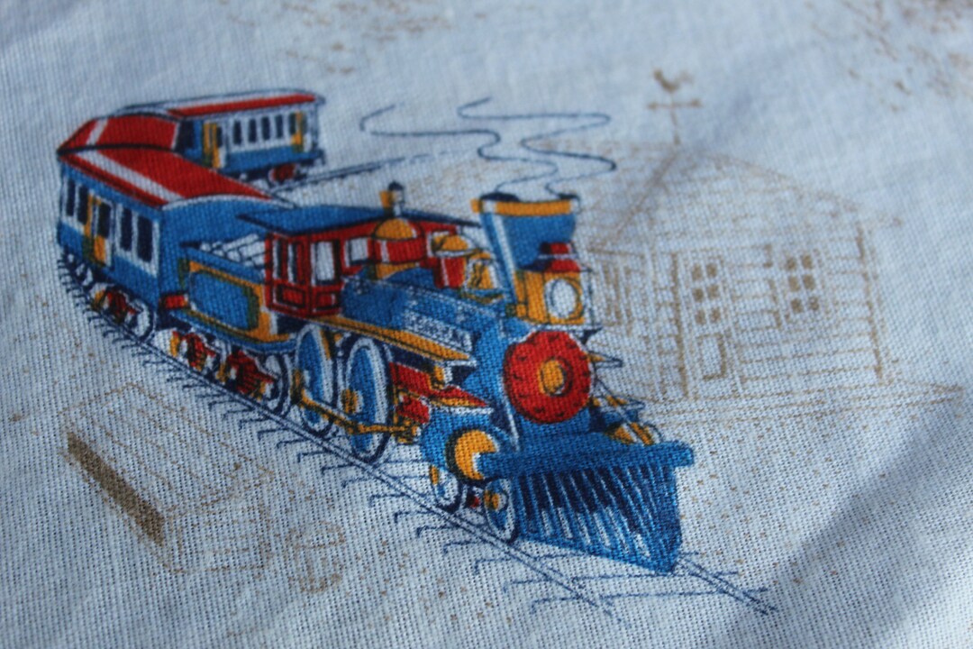 Vintage Cotton Train Locomotive Railroad Fabric Red White Blue 44 W 5 1 ...