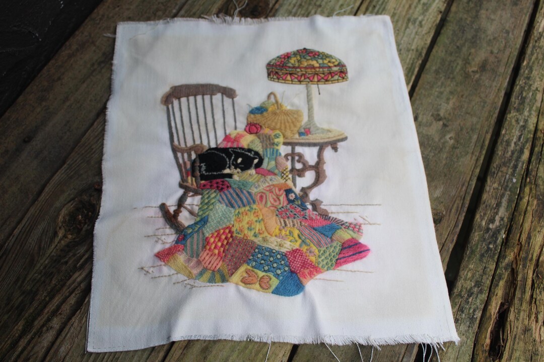Vintage Finished Crewel Embroidery Cat Patchwork Quilt Tiffany Lamp - Etsy