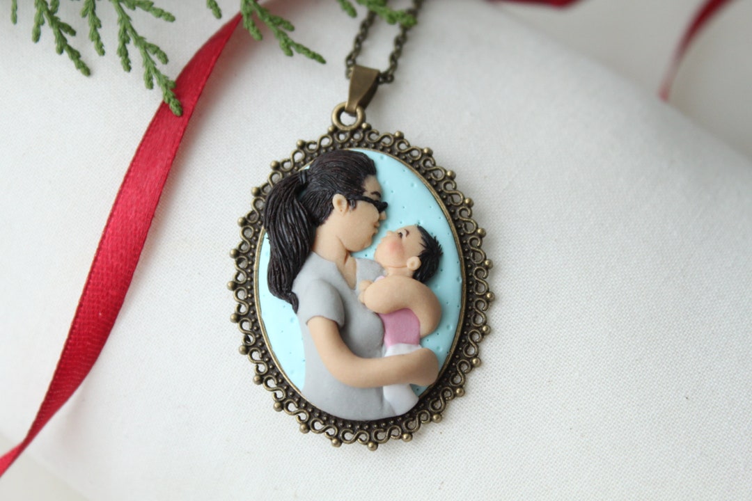 Custom Mother and Child Polymer Clay Portrait Necklace - Etsy