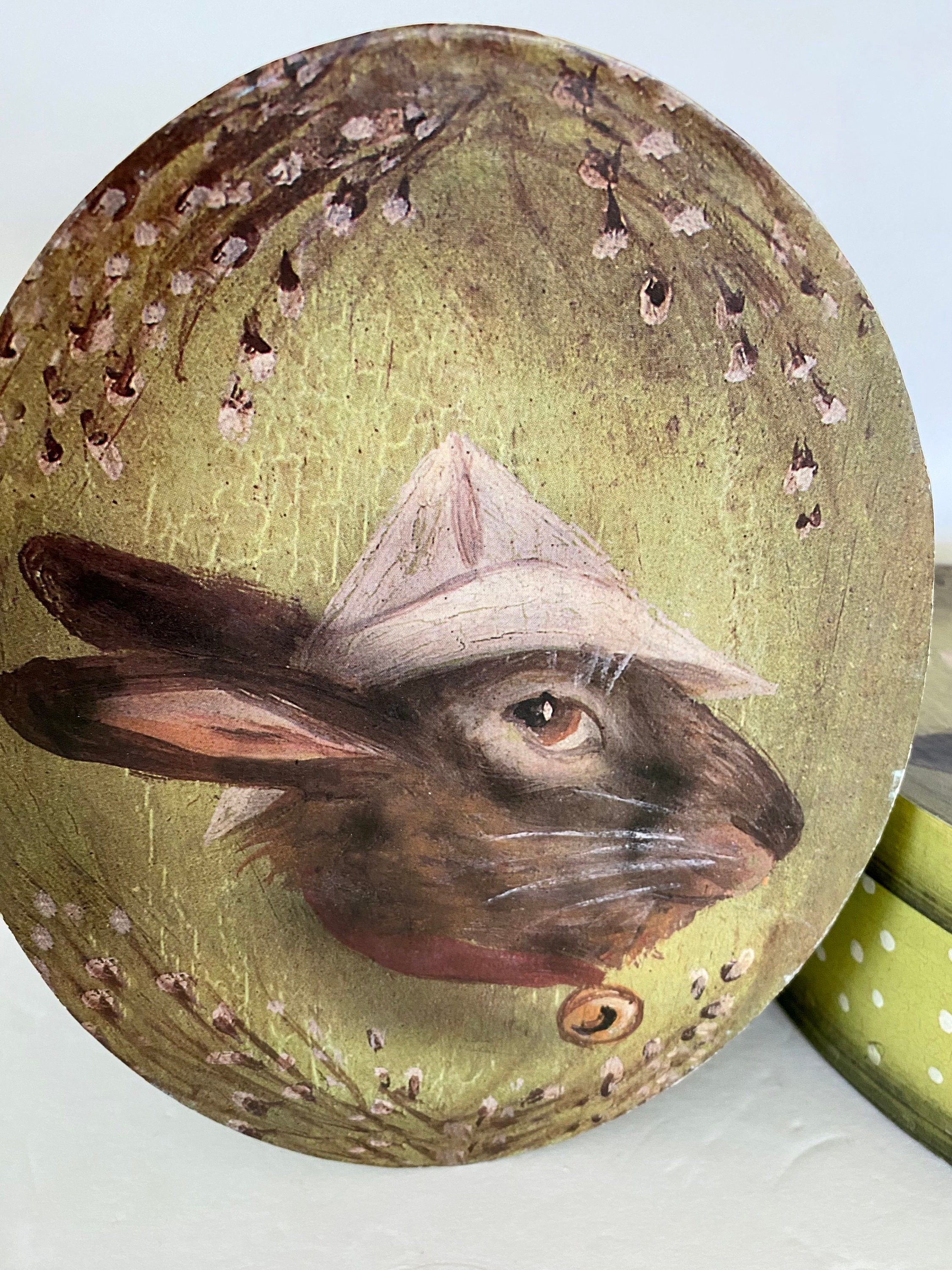 Vintage Oval Stacking Nesting Boxes Set of 2 Bunny Rabbit Green With ...