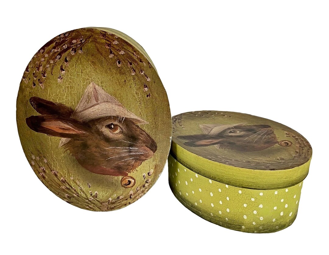 Vintage Oval Stacking Nesting Boxes Set of 2 Bunny Rabbit Green With ...