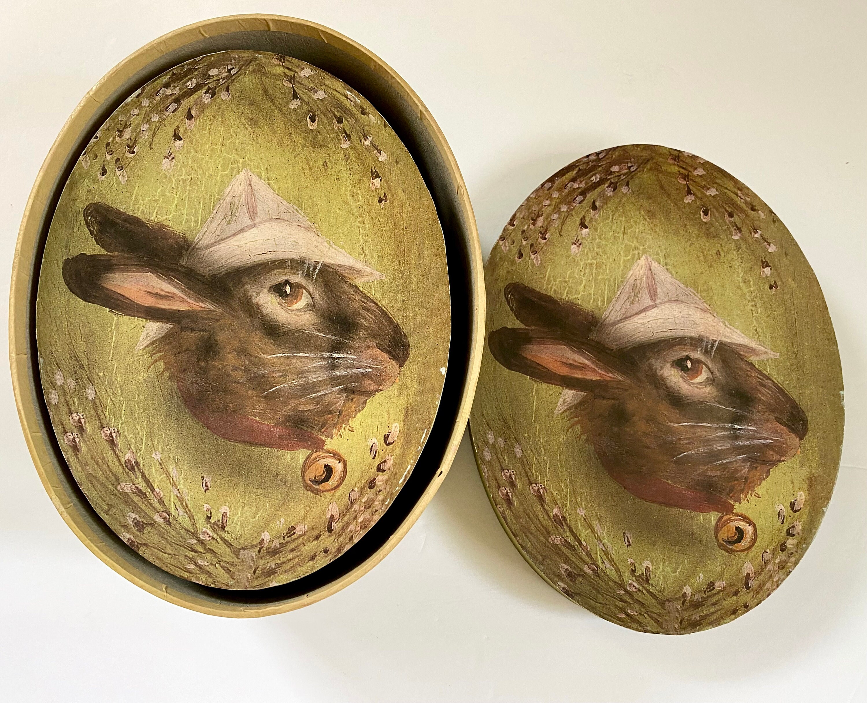 Vintage Oval Stacking Nesting Boxes Set of 2 Bunny Rabbit Green With ...