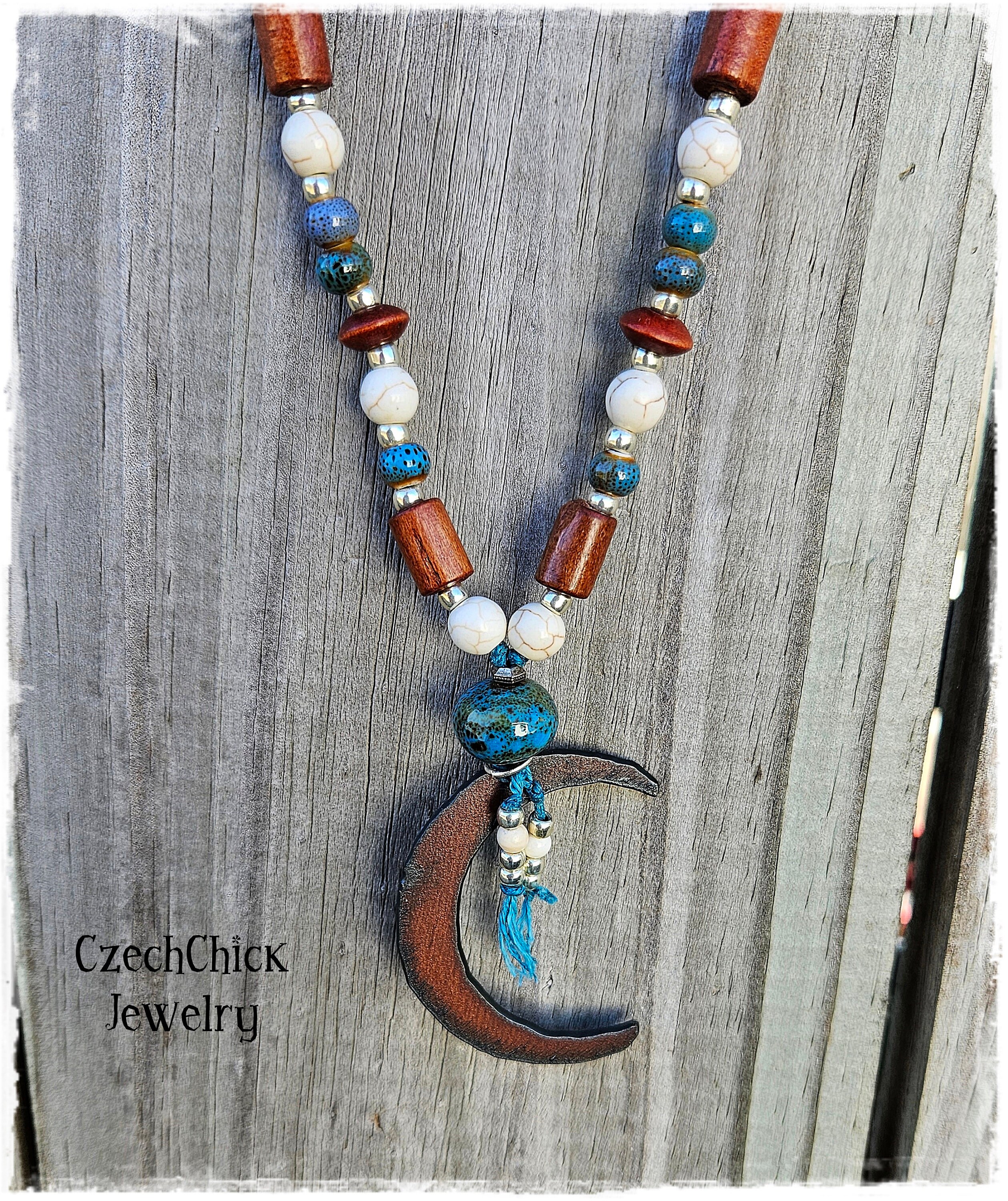 Rusted Iron Crescent Moon Necklace/western Beaded Jewelry/cowgirl ...