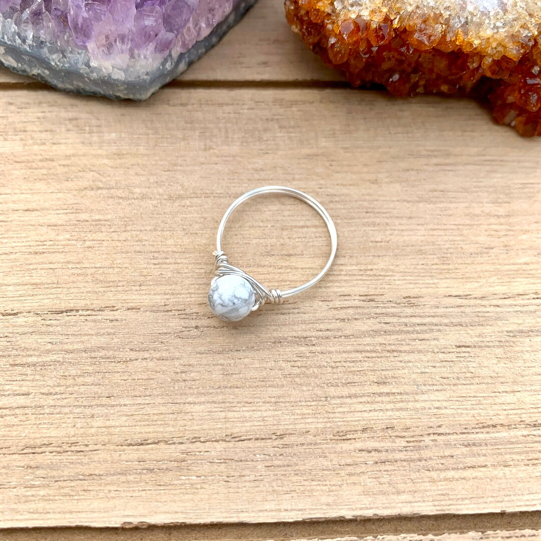 Wire Wrapped Howlite Ring, Howlite Jewelry, White Howlite Bead Ring ...