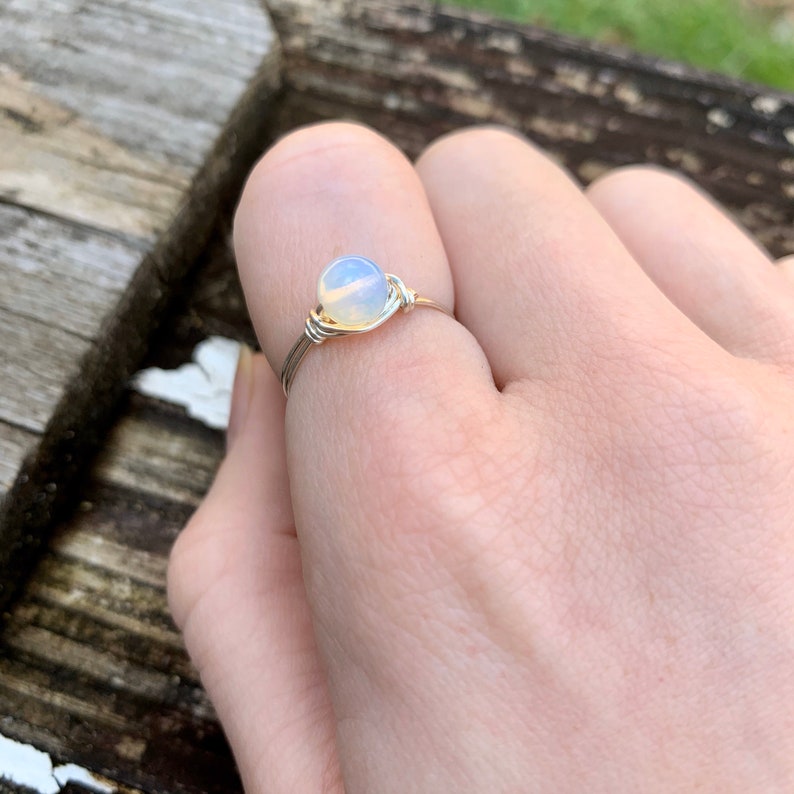Wire Wrapped Opalite Ring, Opalite Jewelry, Opal Bead Ring, Blue Opal ...