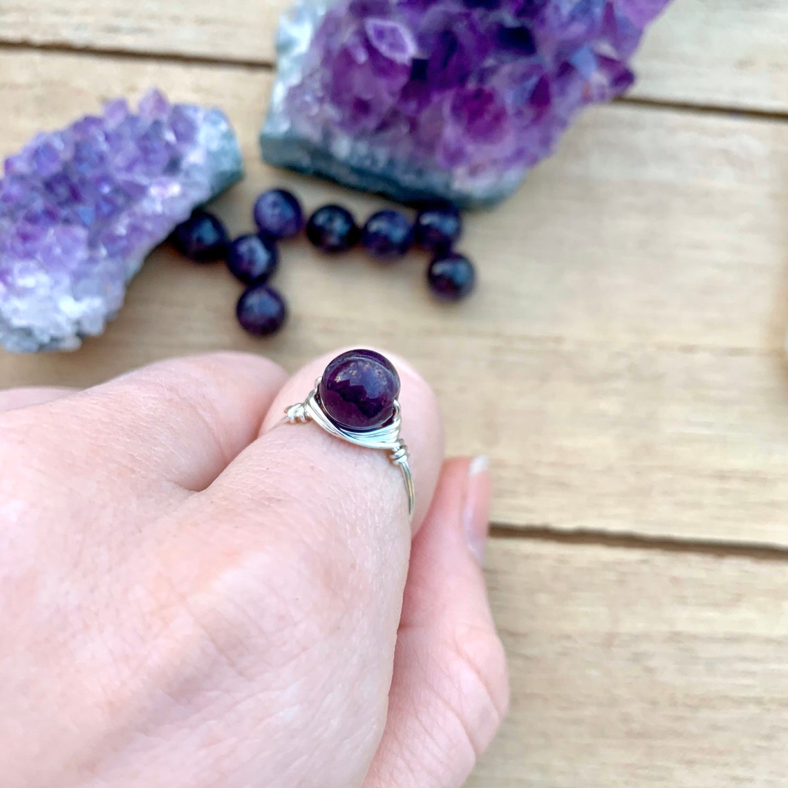 Wire Wrapped Amethyst Crystal Ring, Amethyst Jewelry, Bead Ring ...