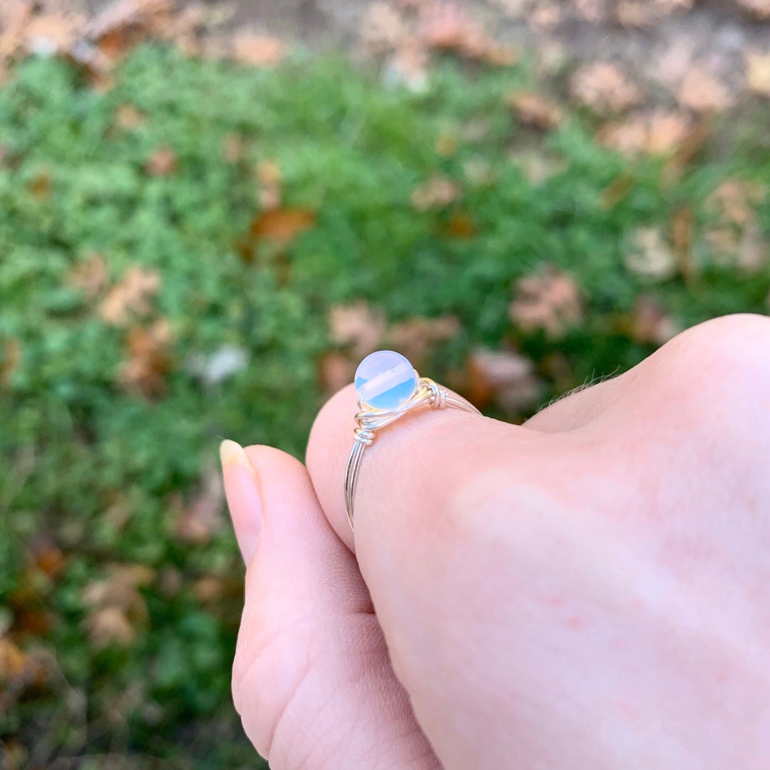 Wire Wrapped Opalite Ring, Opalite Jewelry, Opal Bead Ring, Blue Opal Crystal Rings, Stone Wire ...