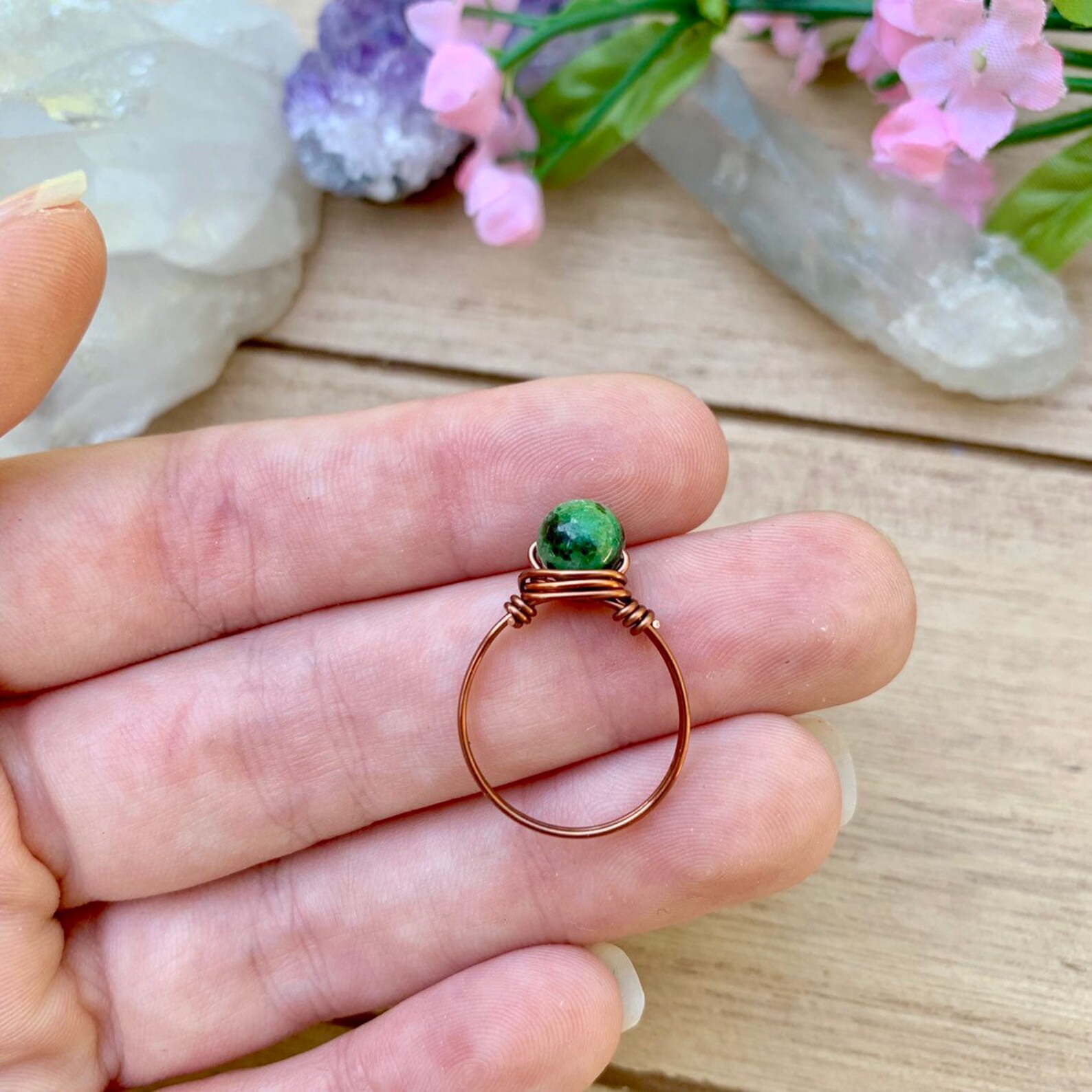 Mini Green Ruby Zoisite Ring, Green Gemstone Bead Ring, Crystal Rings ...