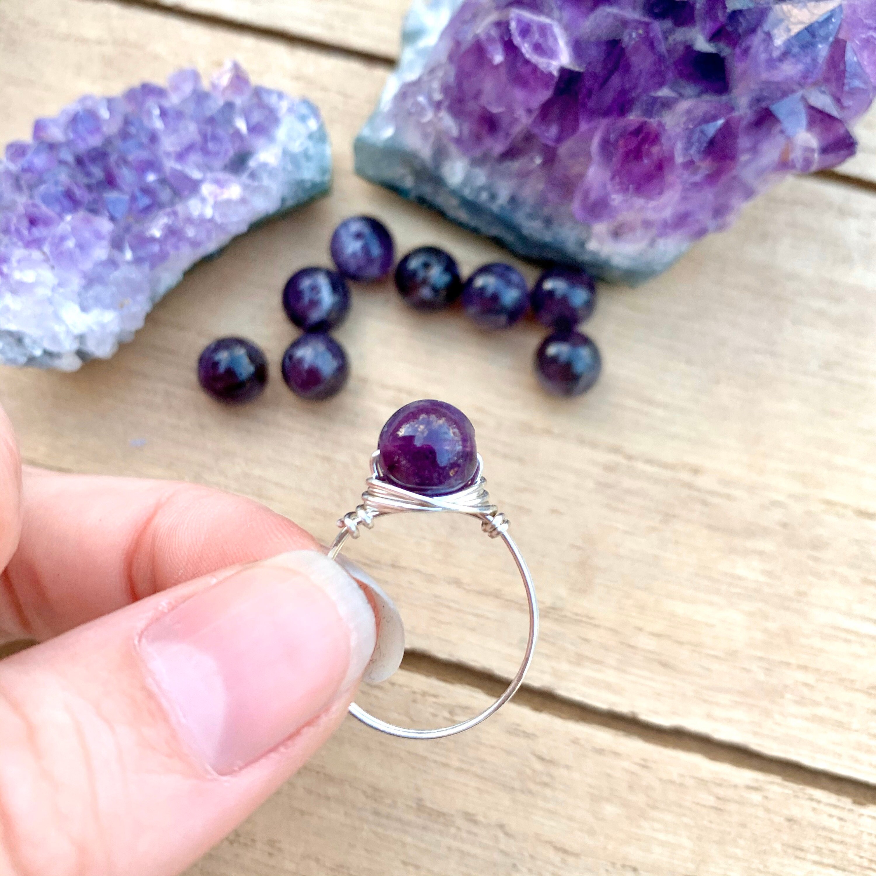 Wire Wrapped Amethyst Crystal Ring, Amethyst Jewelry, Bead Ring ...