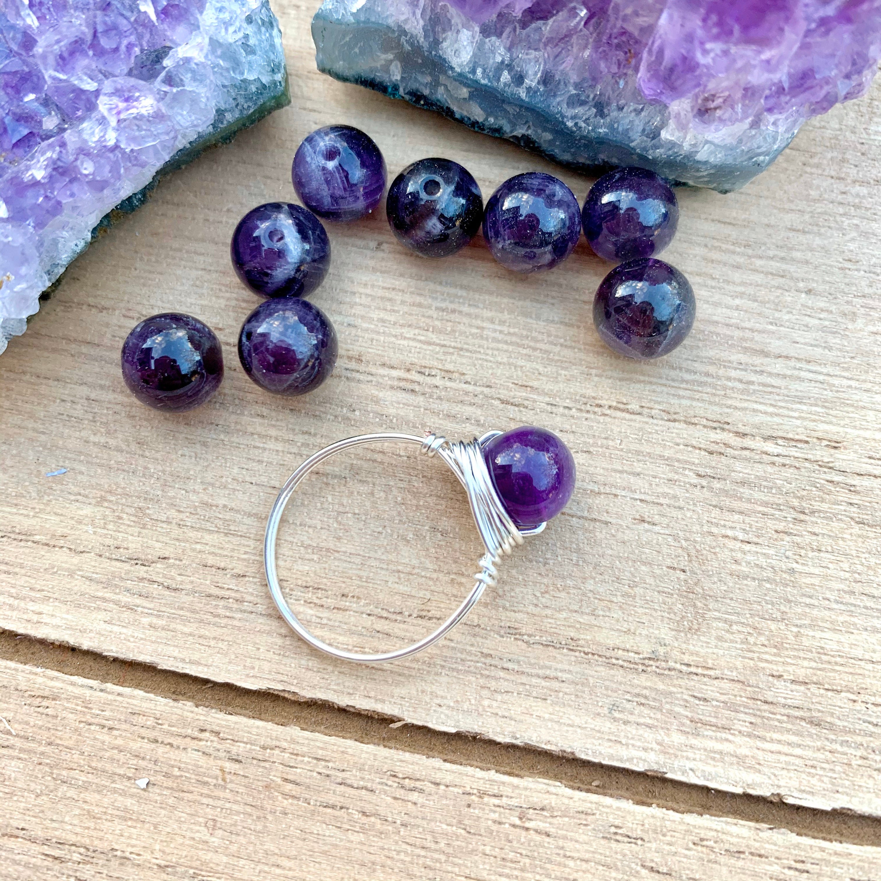 Wire Wrapped Amethyst Crystal Ring, Amethyst Jewelry, Bead Ring ...