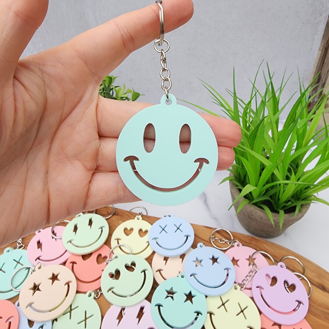 Smiley Face Acrylic Keychain: Cheerful Backpack Tag & Keyring - Etsy